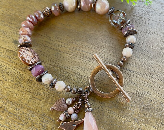 Chocolate & Red Moonstone Chunky Copper Bracelet, Czech Glass, Bird ...