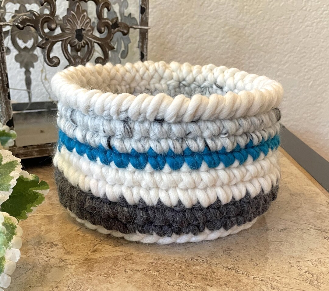 Chunky Hand Crocheted "scrap" Basket, Small Catch-all, Striped, Gift ...