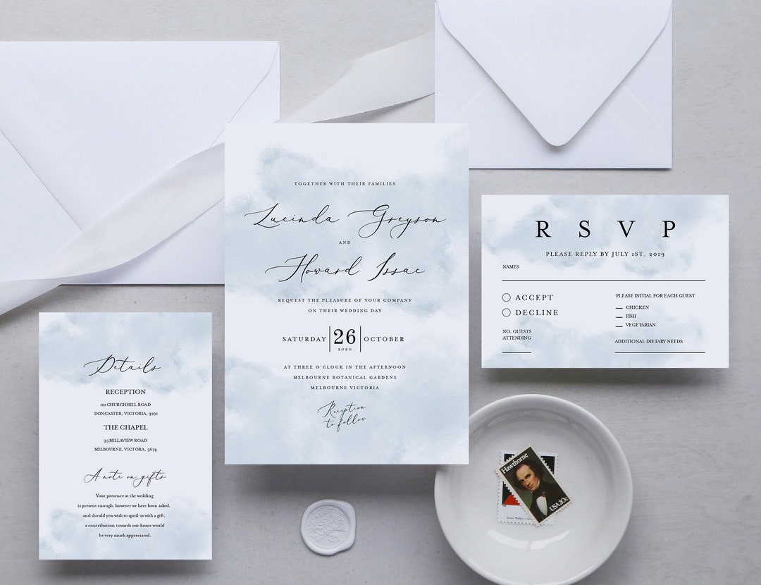 Dusty Blue Wedding Invitation Set Template Powder Blue - Etsy
