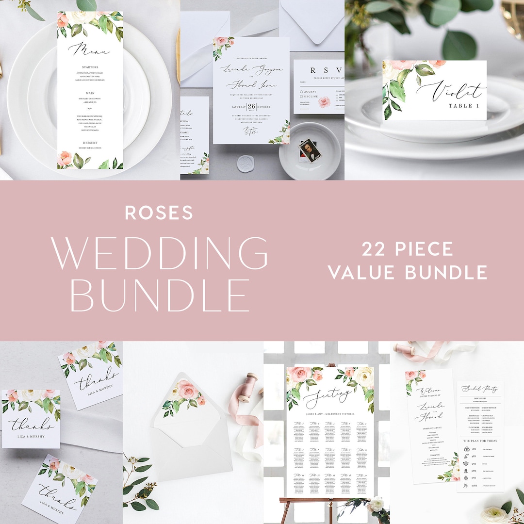 Roses Wedding Bundle INSTANT DOWNLOAD Template, DIY Wedding Templates ...