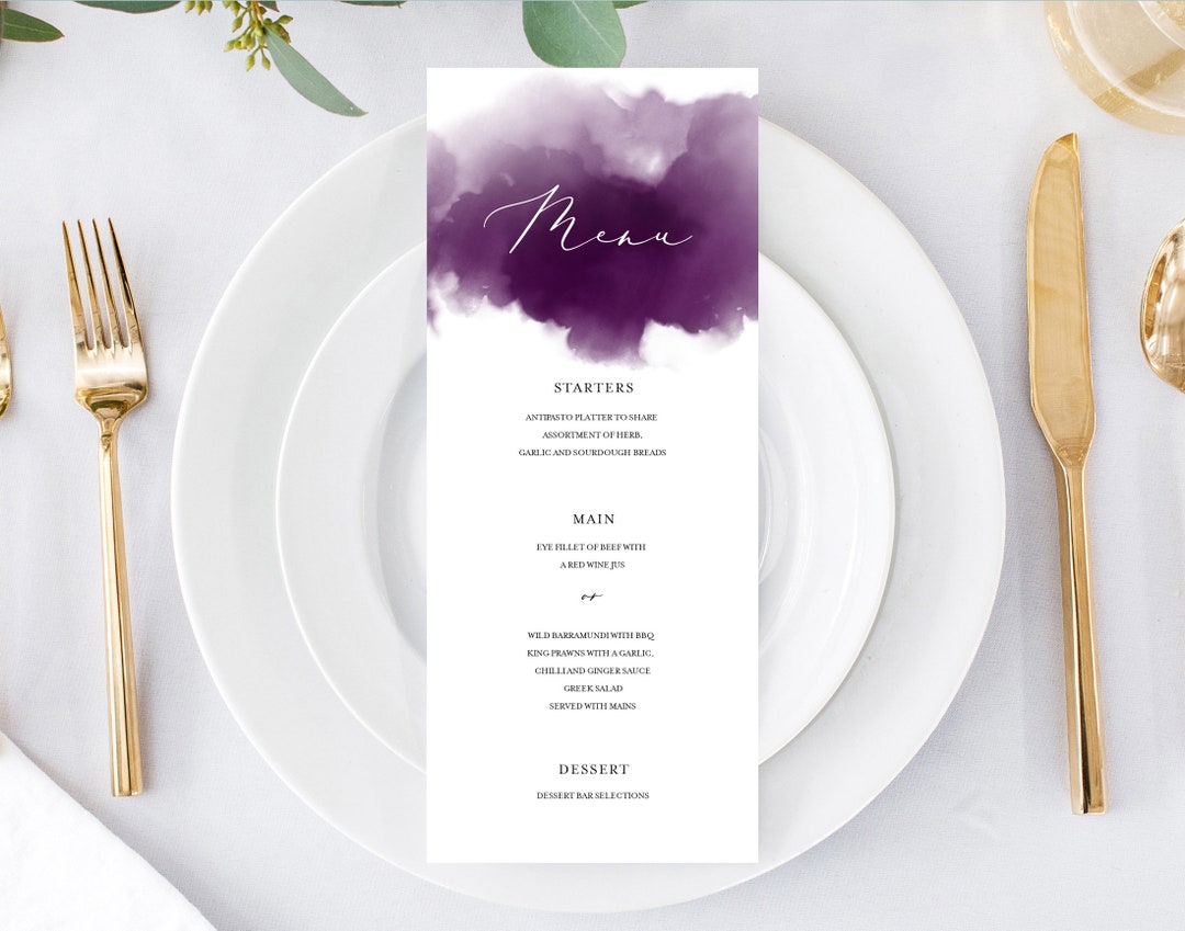 Purple Menu Printable INSTANT DOWNLOAD Wedding Menu, DIY Printable ...