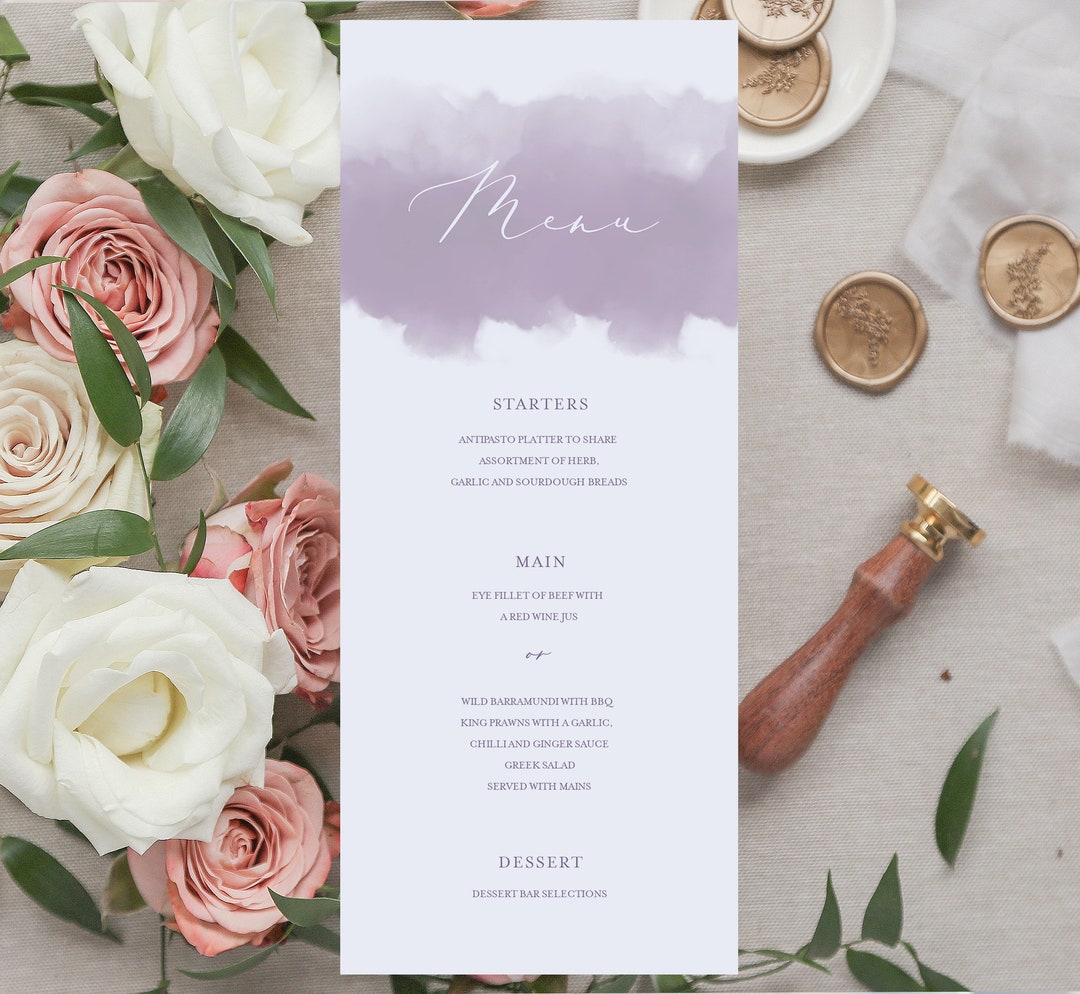 Purple Menu Printable INSTANT DOWNLOAD Wedding Menu, DIY Printable ...