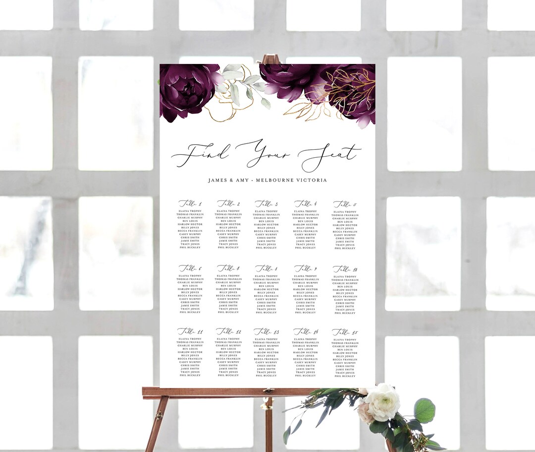 Purple Seating Chart, INSTANT DOWNLOAD Portrait, Sign, Signage, Table ...