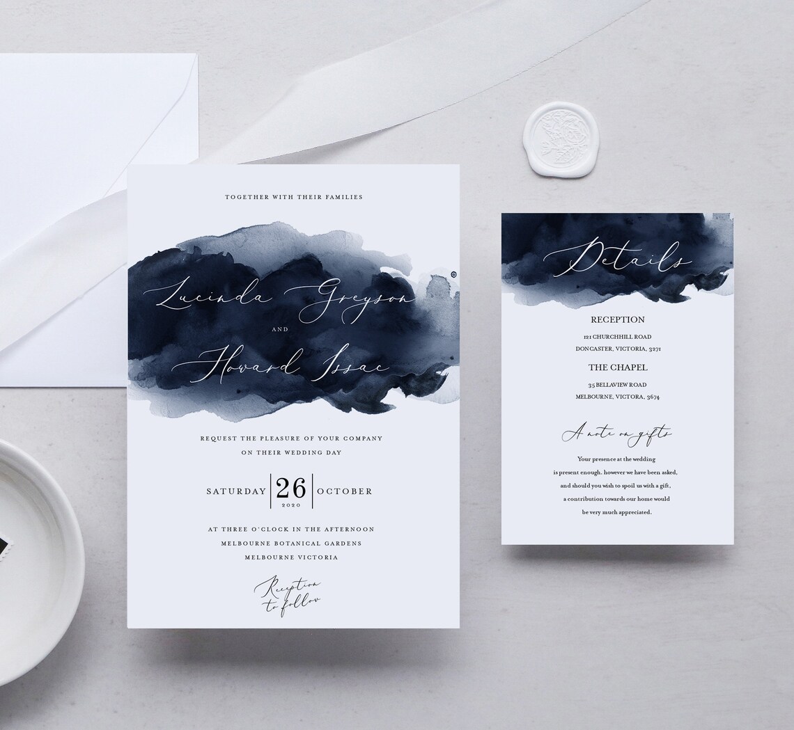 Editable Wedding Invitation Set Template Navy Blue Watercolor | Etsy
