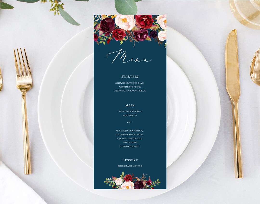 Navy Menu Printable INSTANT DOWNLOAD Wedding Menu, DIY Printable ...