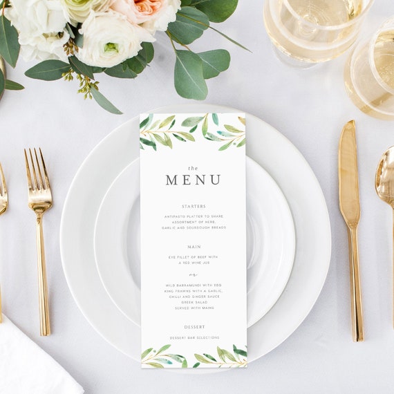 Greenery Menu Printable INSTANT DOWNLOAD Wedding Menu DIY | Etsy
