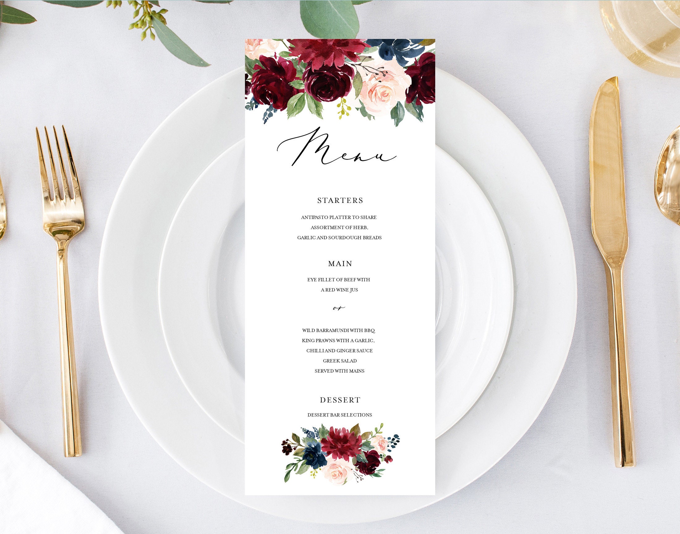 Burgundy Menu Printable INSTANT DOWNLOAD Wedding Menu DIY - Etsy