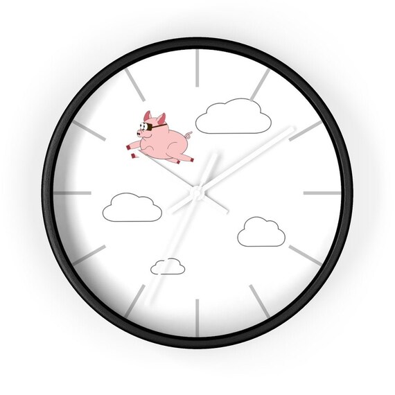 Wall Clock Flying Pig Design Pink White Black White - Etsy