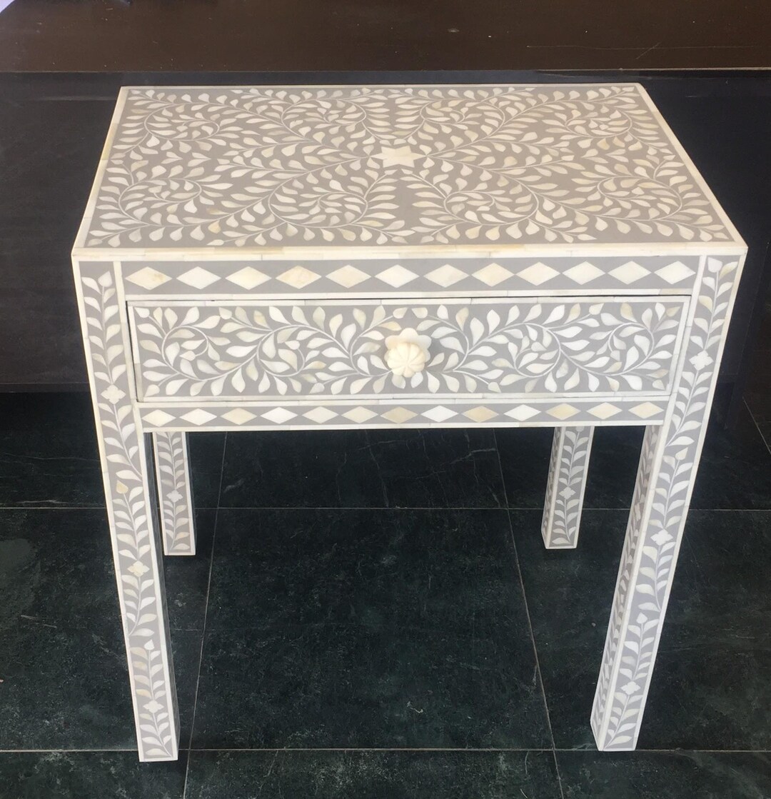 Bone Inlay Side Table – Handmade Floral Inlay End Table | Boho Accent ...