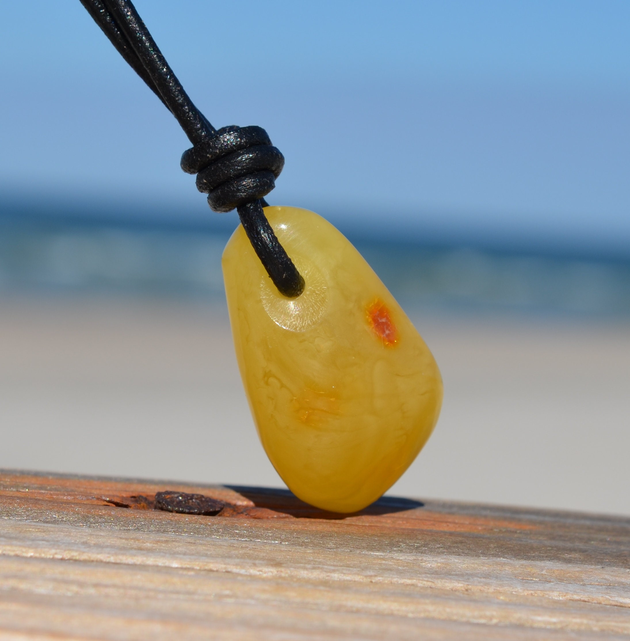 White Amber Pendant Necklace/ Raw Baltic Amber Stone/ Weiss Bernstein ...