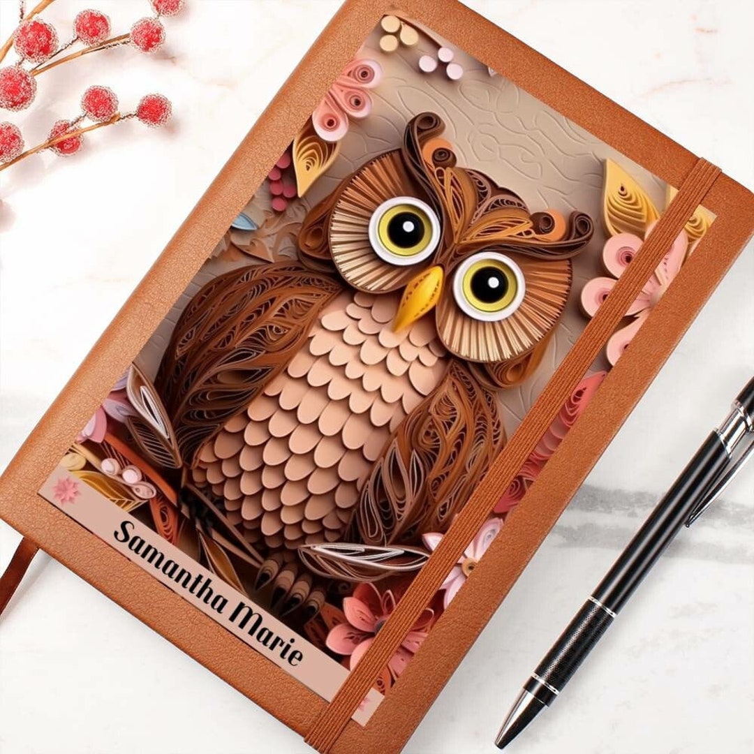 Personalized Vegan Leather Writing Journal 3D Brown Owl Graphic Art ...