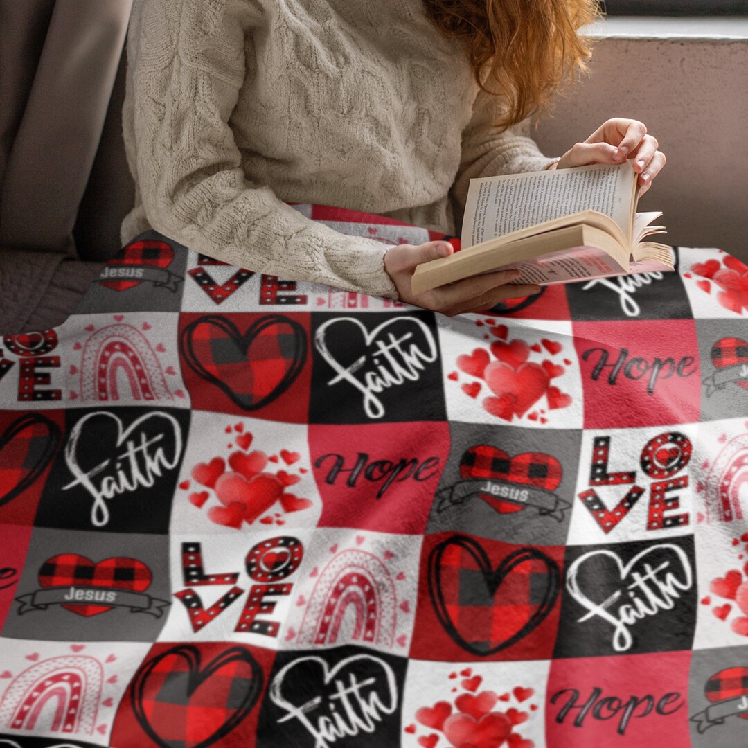 Faith Hope Love Plaid Hearts Matching Blanket and Throw Pillow Set ...