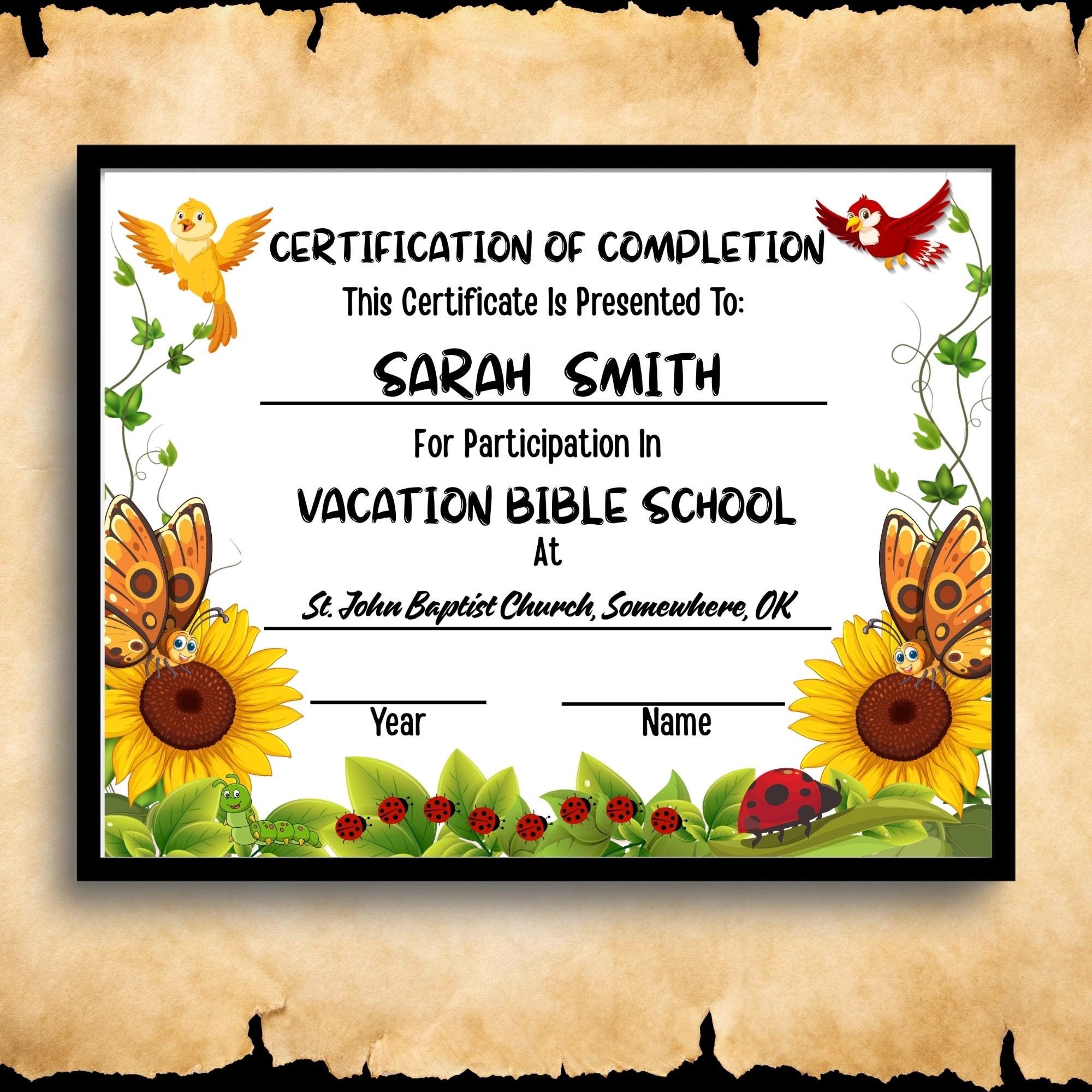 VBS Certification of Completion Template for Vacation Bible School ...