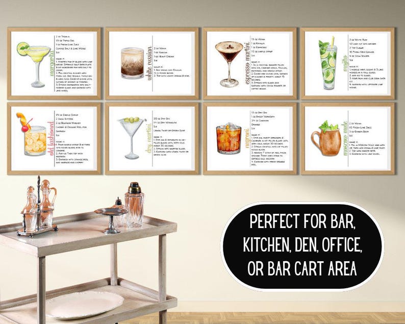 Printable Cocktail Art, Bar Cart Decor, Drink Illustrations, Cocktail ...