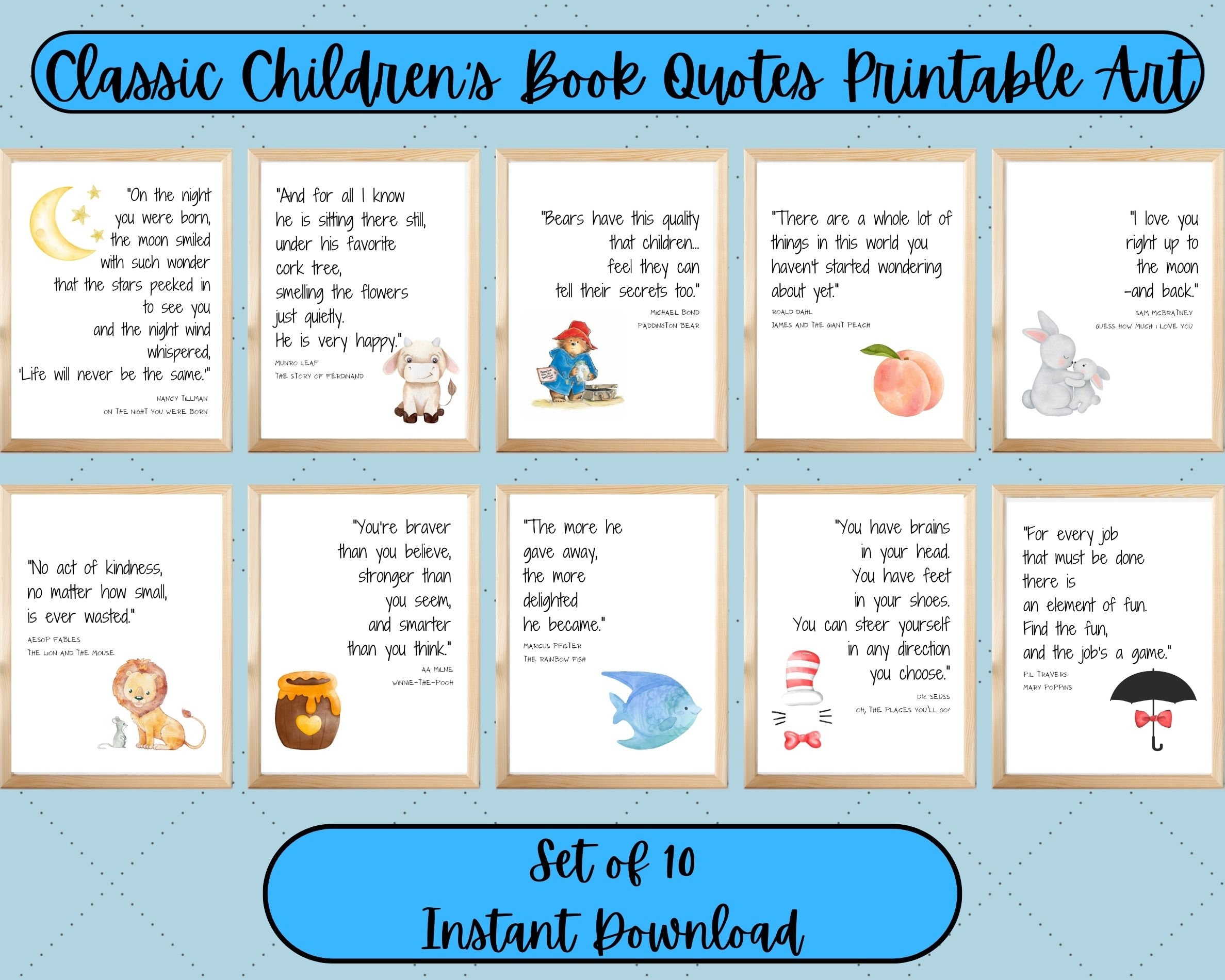 Classic Children's Books Art Children's Book Quotes Wall Art Printable ...