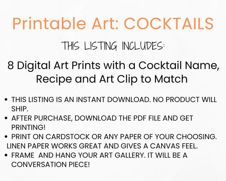 Printable Cocktail Art, Bar Cart Decor, Drink Illustrations, Cocktail ...