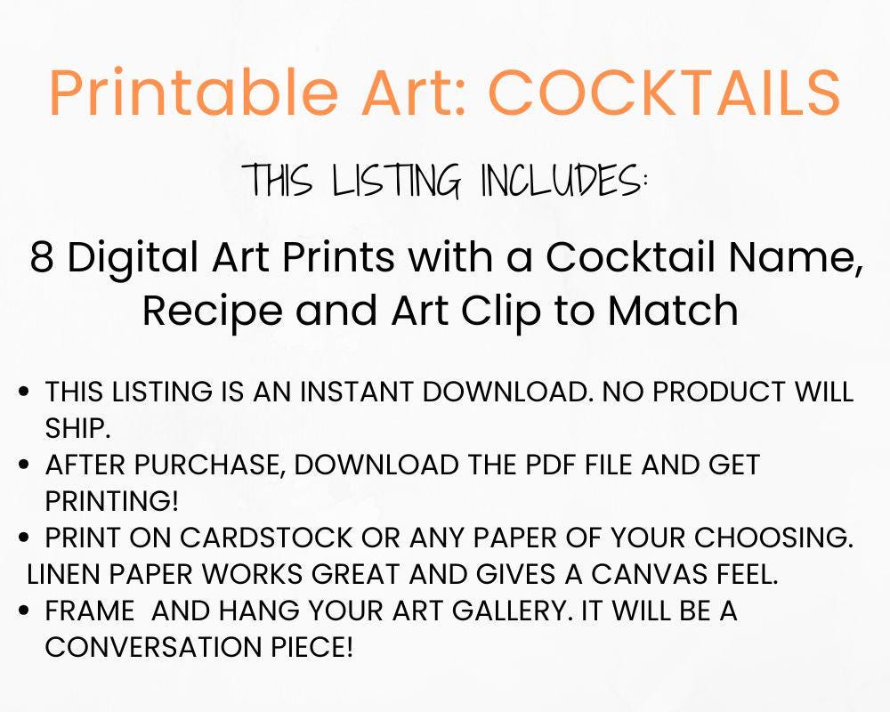 Printable Cocktail Art, Bar Cart Decor, Drink Illustrations, Cocktail ...