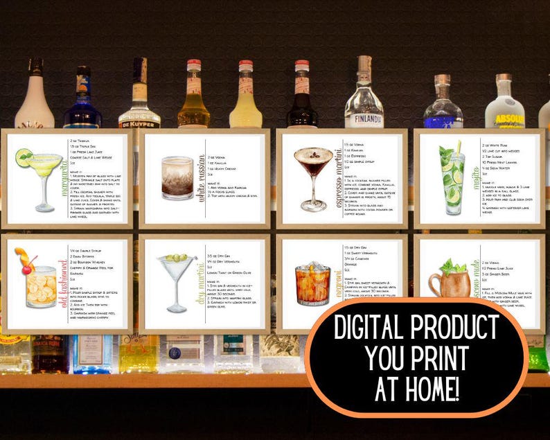 Printable Cocktail Art, Bar Cart Decor, Drink Illustrations, Cocktail ...