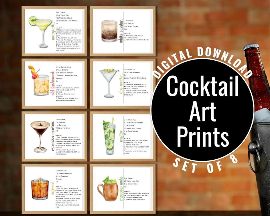 Printable Cocktail Art, Bar Cart Decor, Drink Illustrations, Cocktail ...