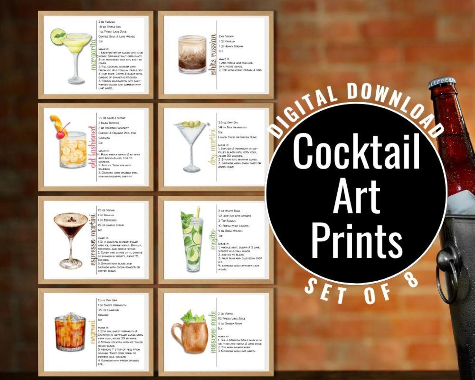 Printable Cocktail Art, Bar Cart Decor, Drink Illustrations, Cocktail ...