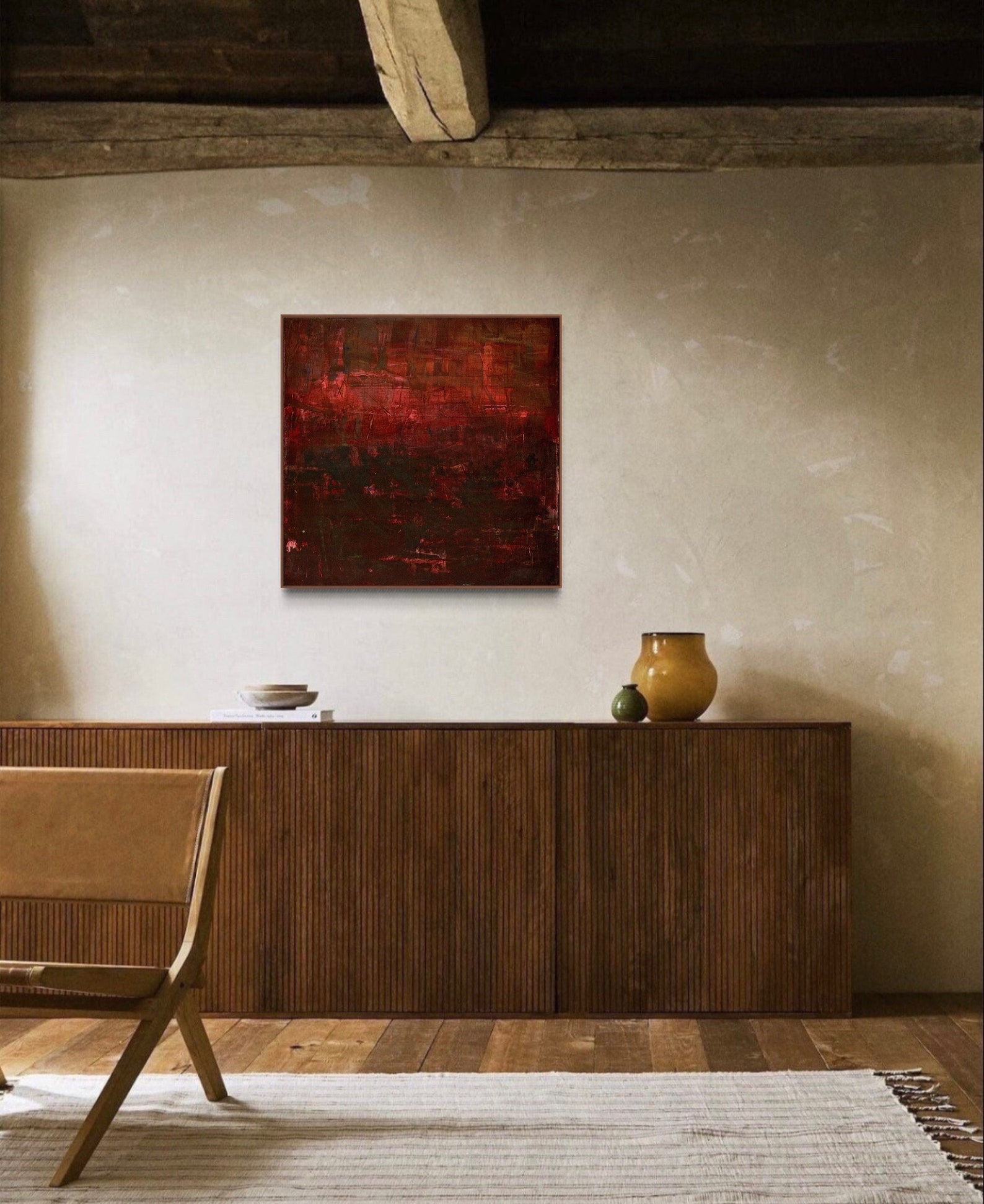 Deep Red Abstract Art Print: Textured Minimalist Japandi Decor - Etsy
