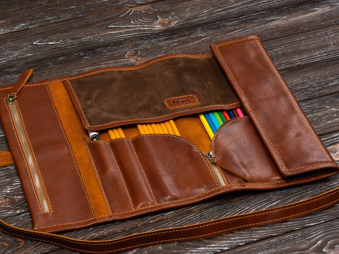 Leather Artist Roll - Personalized Pencil Roll Case, Brush Roll Up ...
