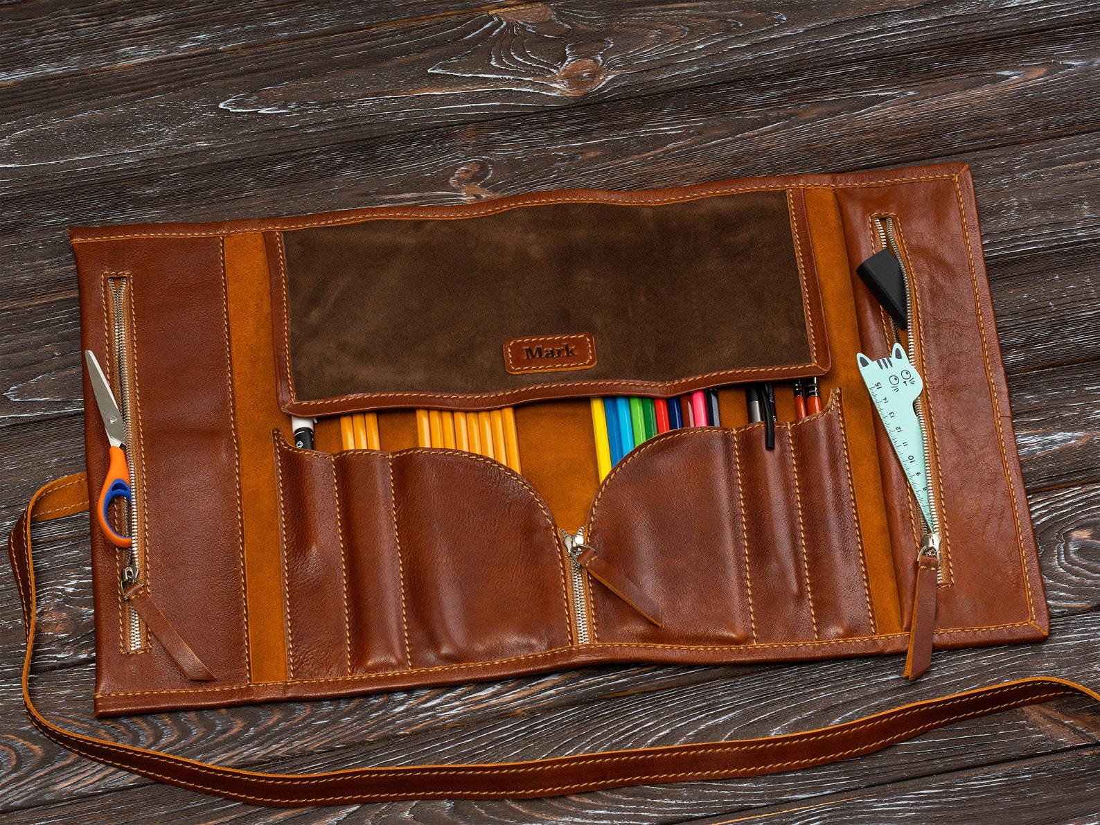 Leather Artist Roll - Personalized Pencil Roll Case, Brush Roll Up ...