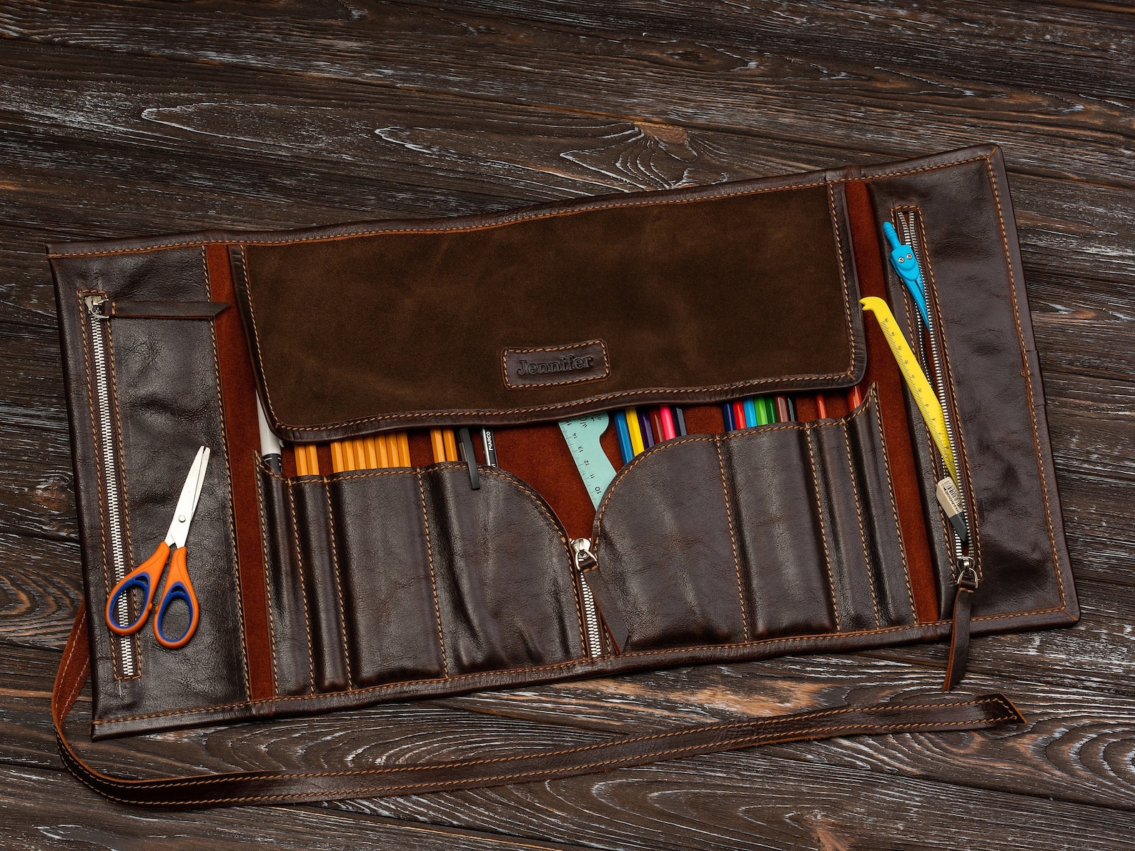 Leather Artist Roll - Personalized Pencil Roll Case, Brush Roll Up ...