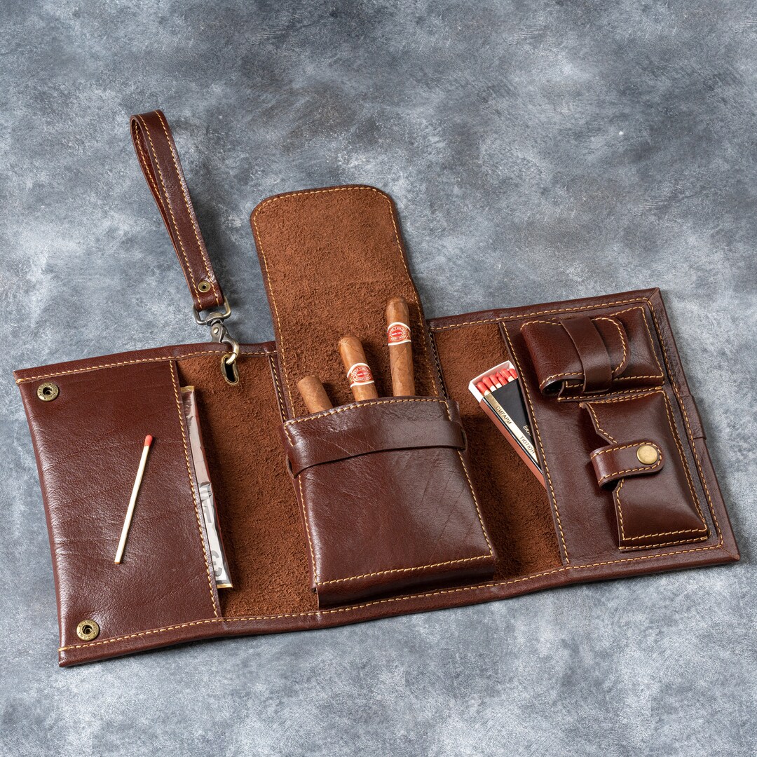 Cigar Case, Personalized Leather Cigar Pouch, Travel Cigars Bag, Mens ...
