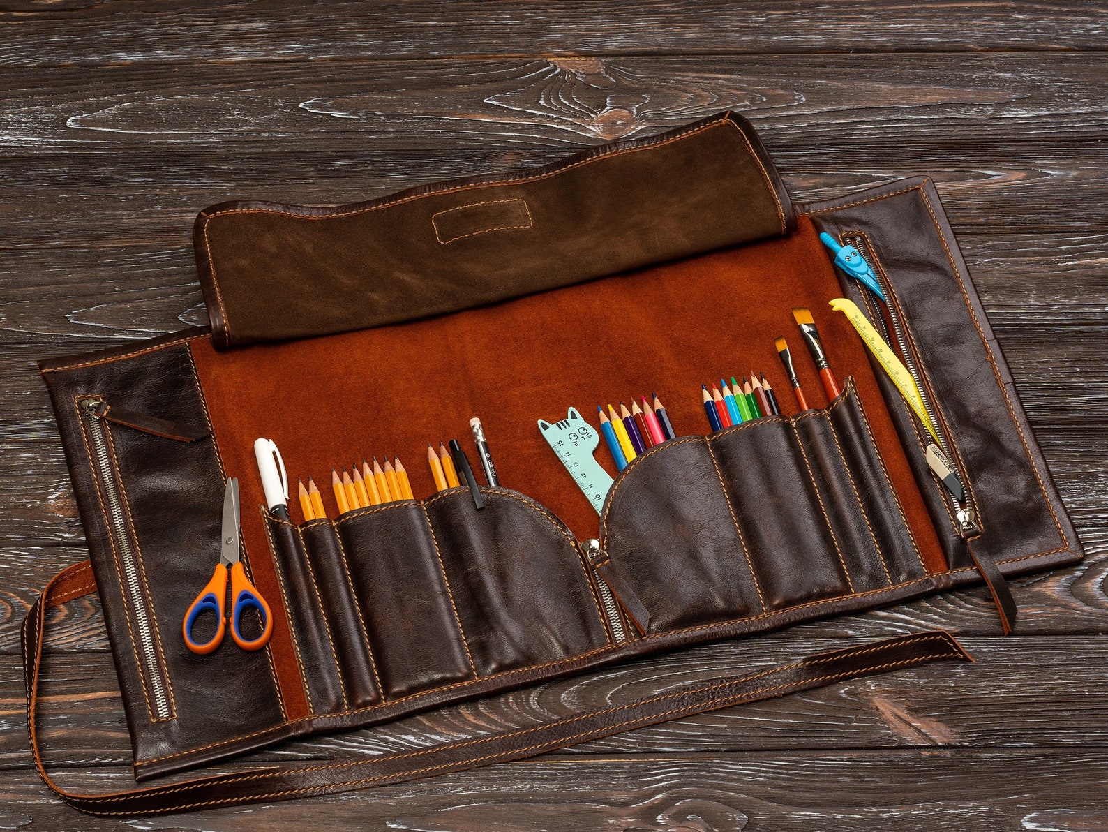 Leather Artist Roll - Personalized Pencil Roll Case, Brush Roll Up ...