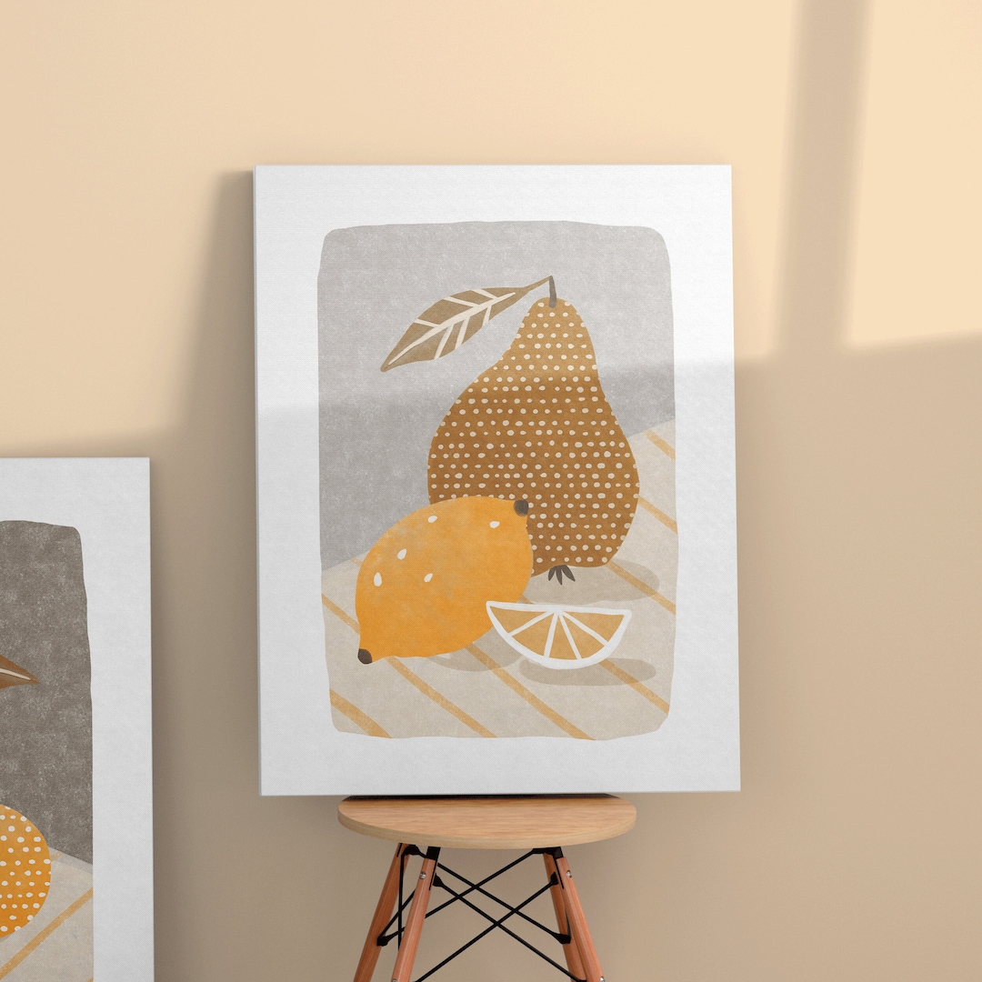 Lemon Pear Wall Art, Fruit Kitchen Poster, Still Nature in Soft Earthy ...