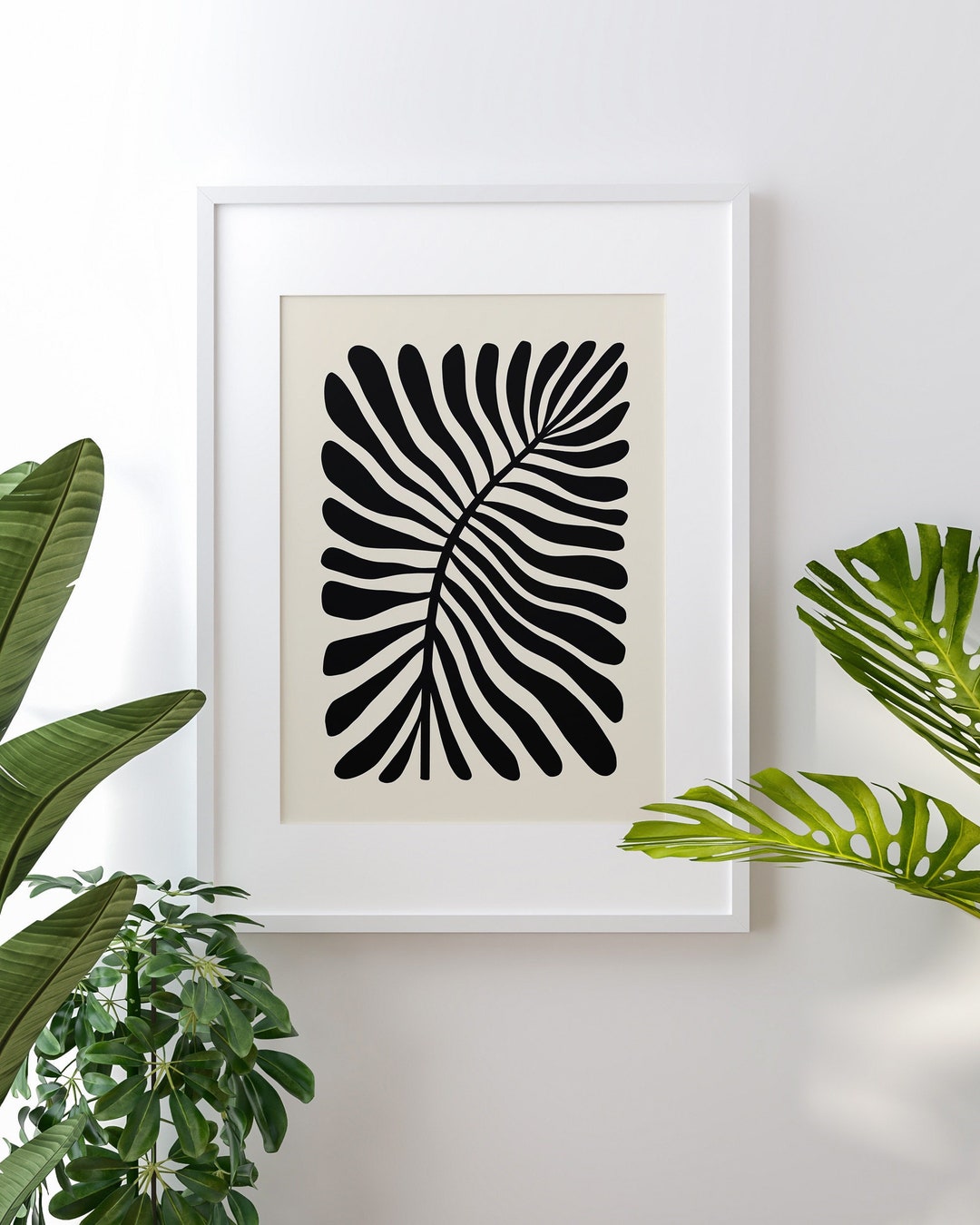 Black Beige Abstract Fern Wall Art, Palm Leaf Illustration Print ...