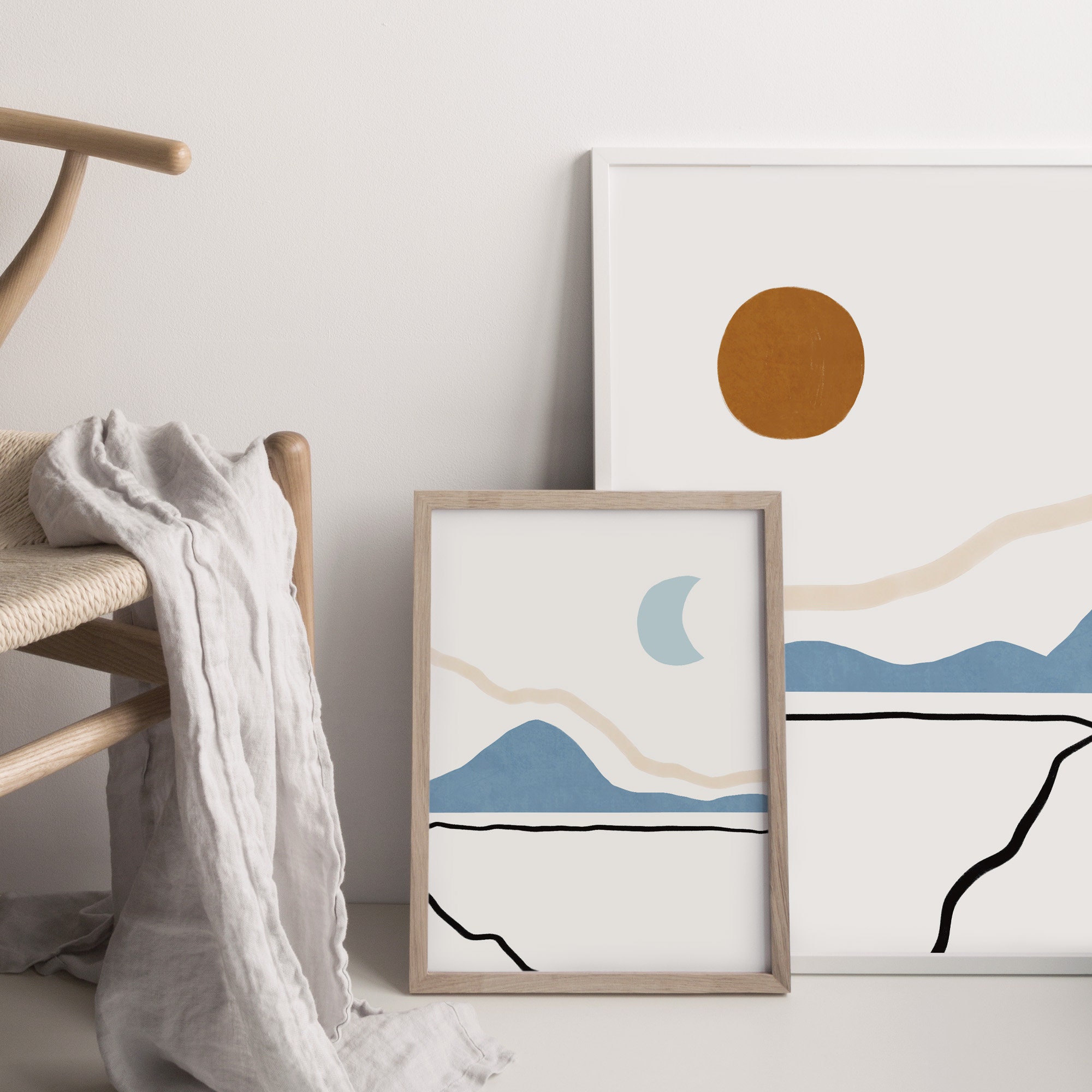 Blue moon landscape print abstract japandi line art poster | Etsy