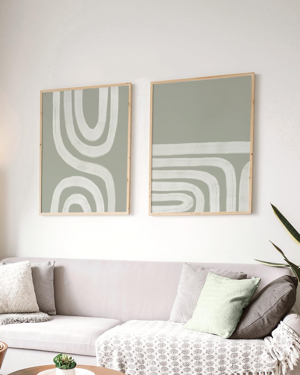 Set of 2 Sage Green Line Art Wall Art Abstract Brush Stroke - Etsy
