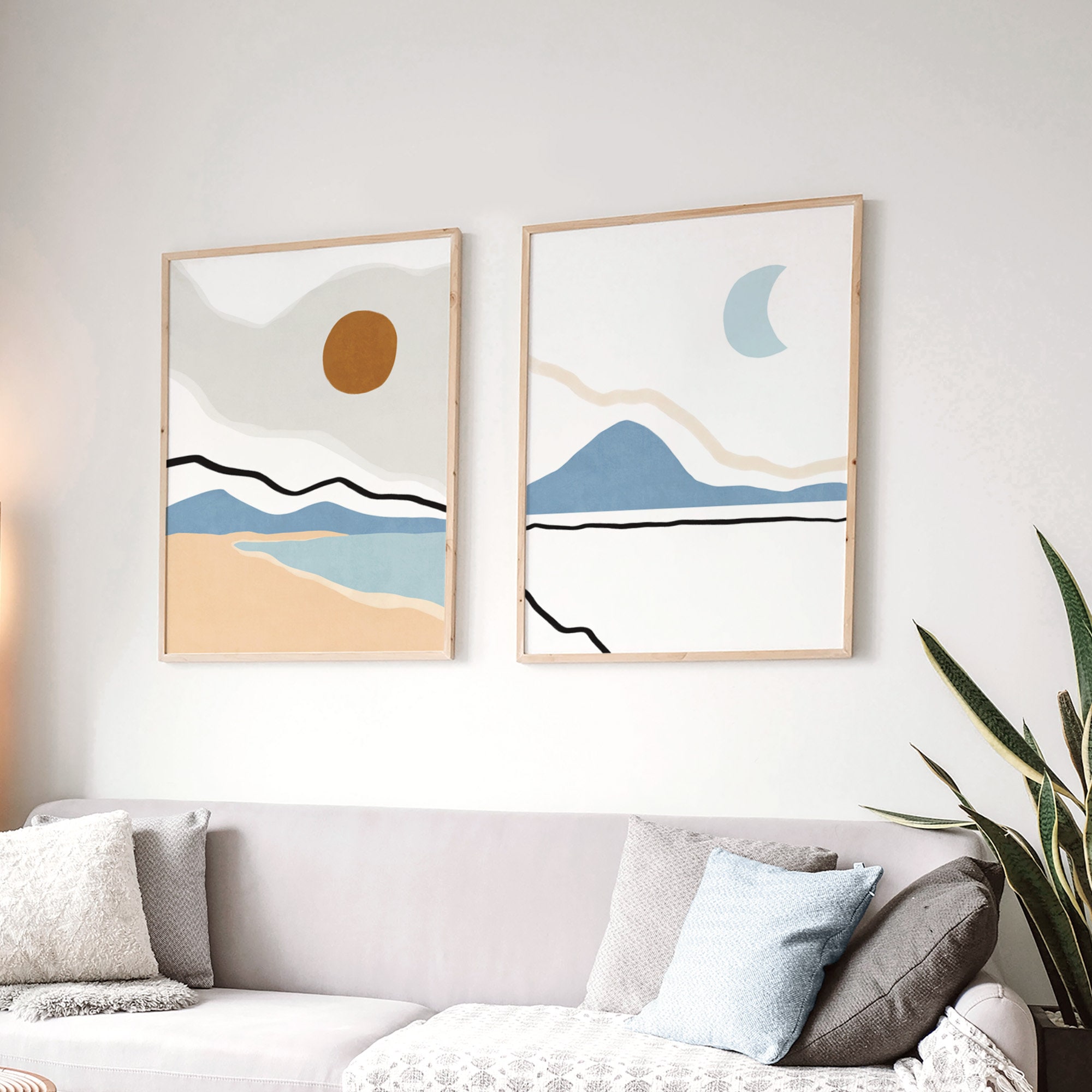 Blue moon landscape print abstract japandi line art poster | Etsy