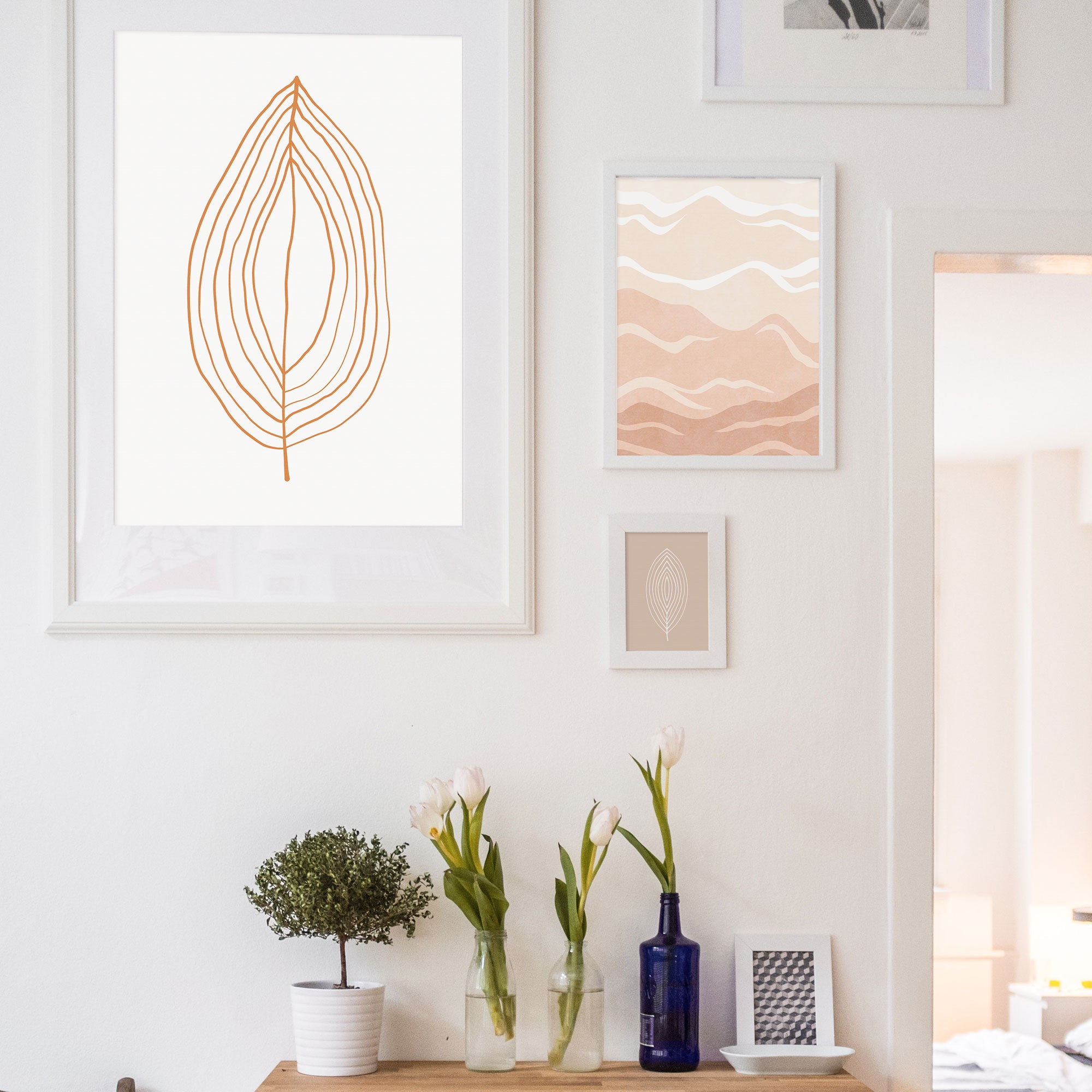 Minimal line art leaf digital print neutral wall decor | Etsy