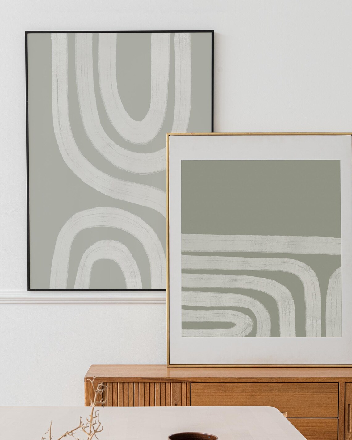 Set of 2 Sage Green Line Art Wall Art Abstract Brush Stroke - Etsy