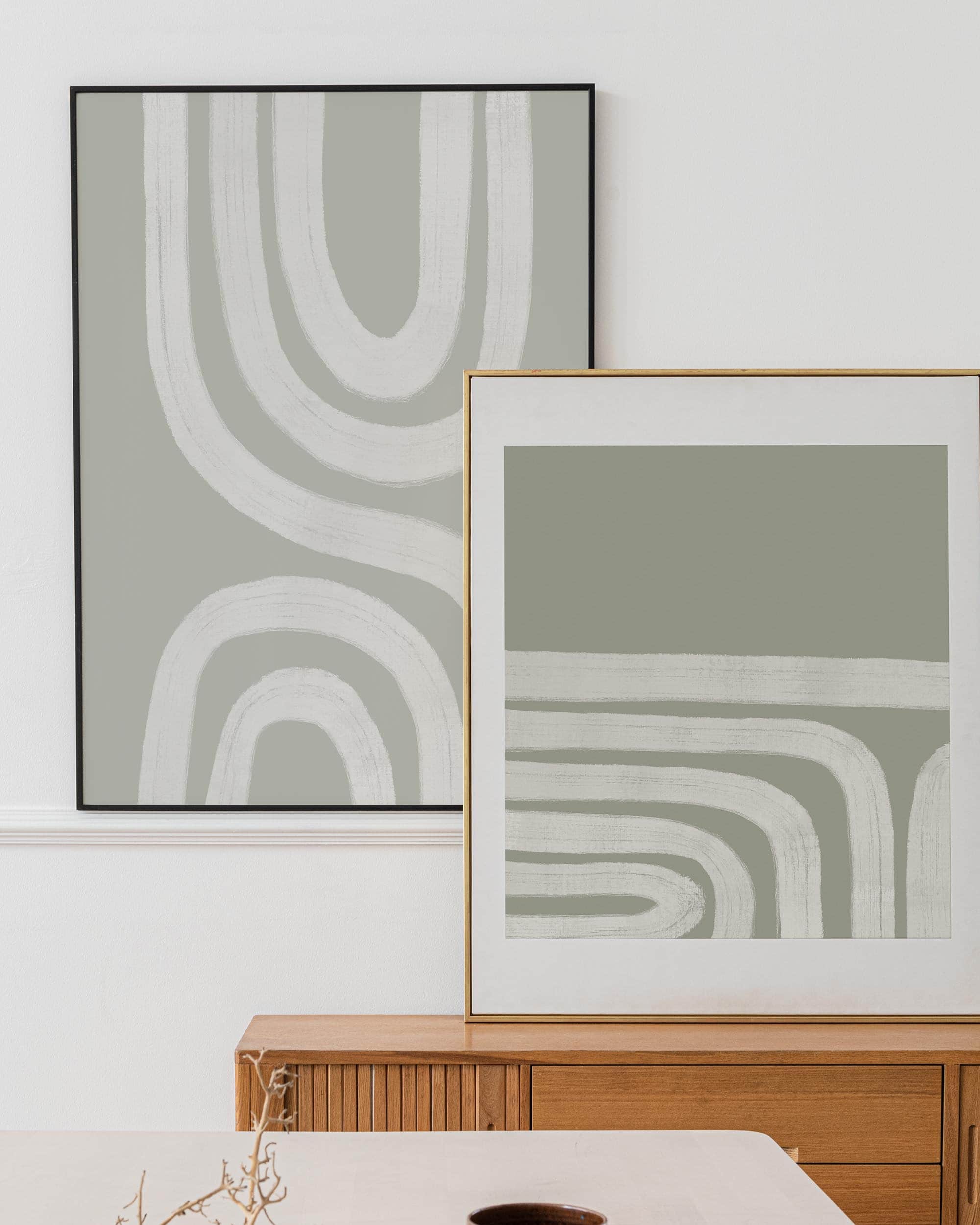 Set of 2 Sage Green Line Art Wall Art Abstract Brush Stroke - Etsy