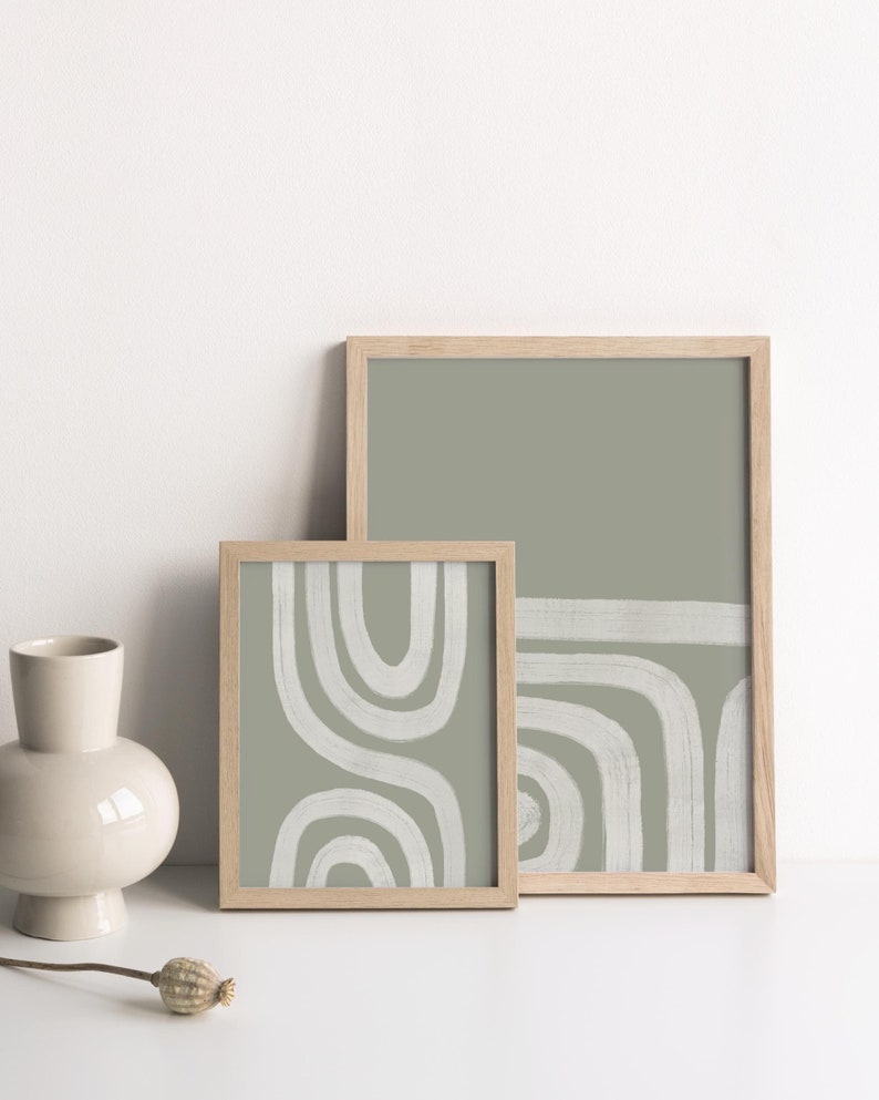 Set of 2 Sage Green Line Art Wall Art Abstract Brush Stroke - Etsy