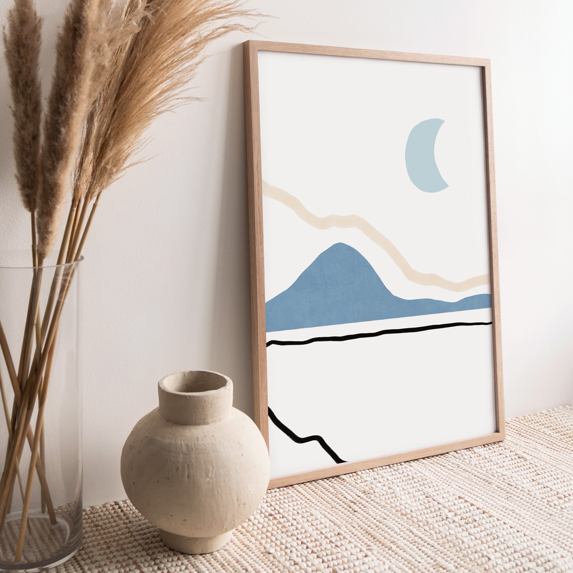 Blue moon landscape print abstract japandi line art poster | Etsy