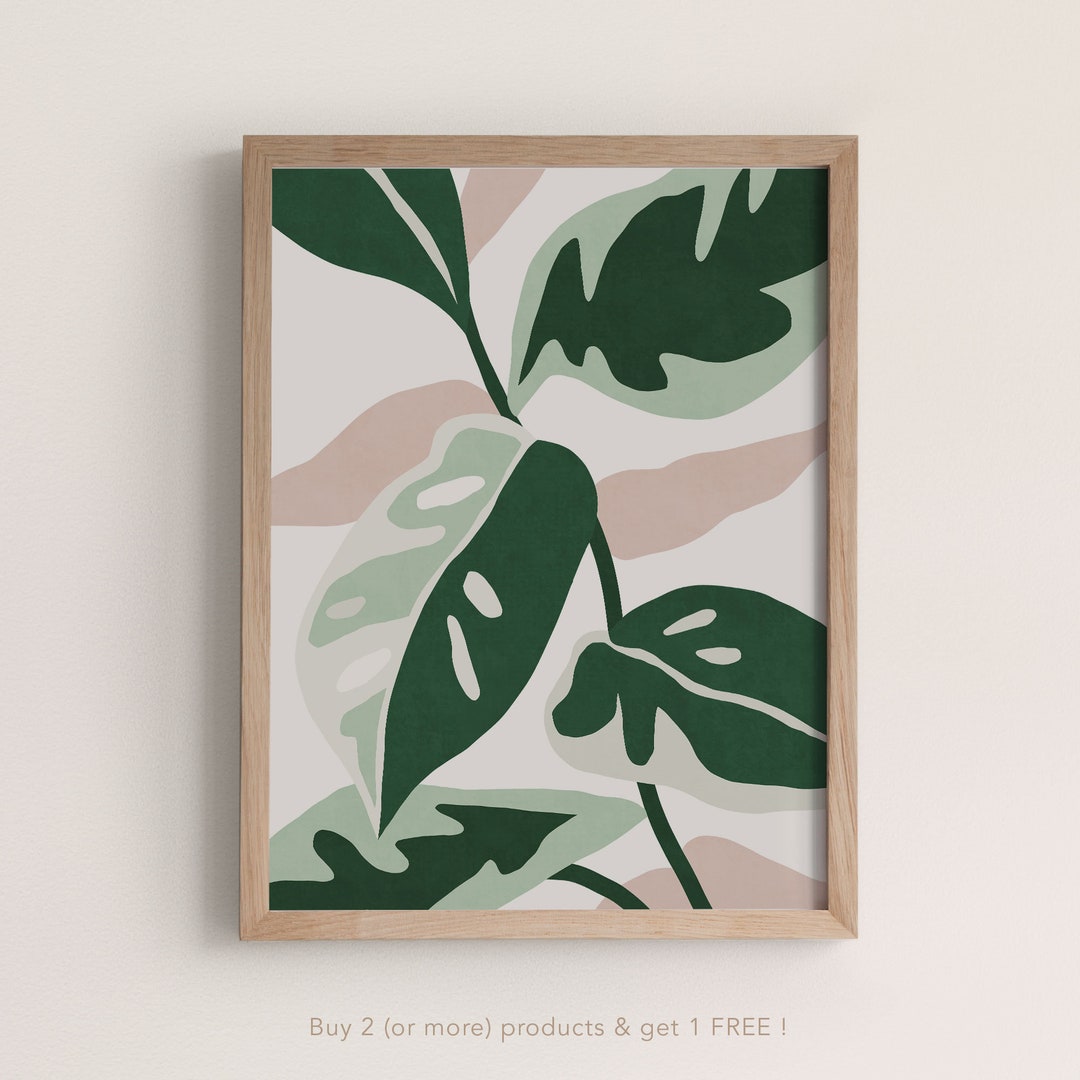 Pink & Green Tropical Plant Detail Print, House Plant Leaf Poster, Boho ...