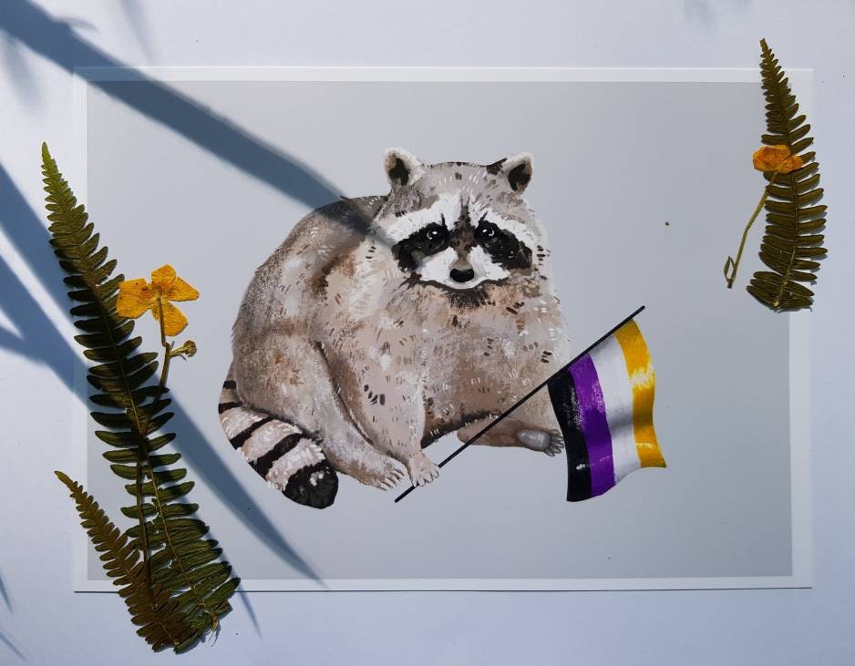 Non Binary Pride Flag Raccoon Art Print Queer and LGBTQ Wall | Etsy Canada