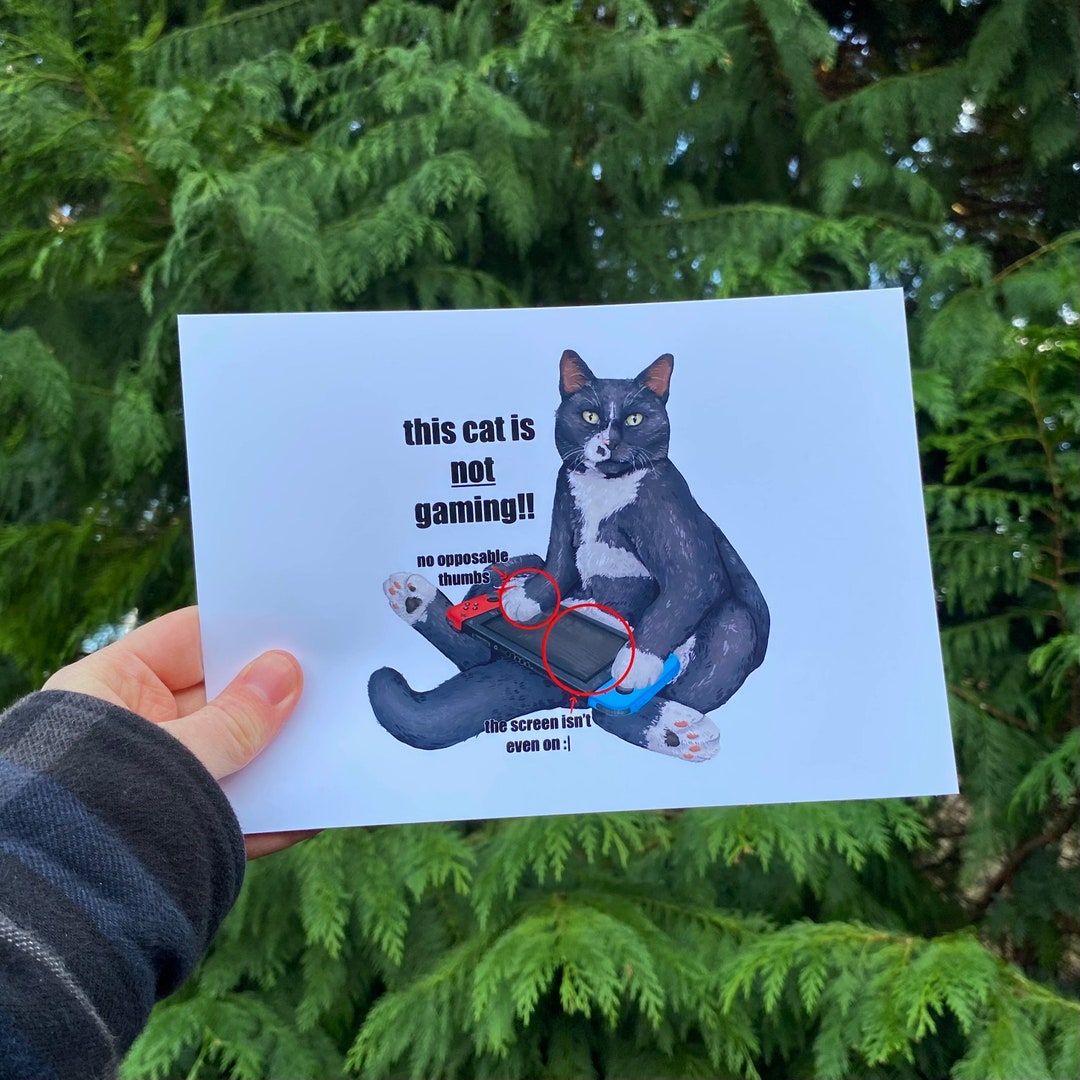 This Cat is Not Gaming, Tuxedo Cat Meme Art Print Silly Pet Portrait ...