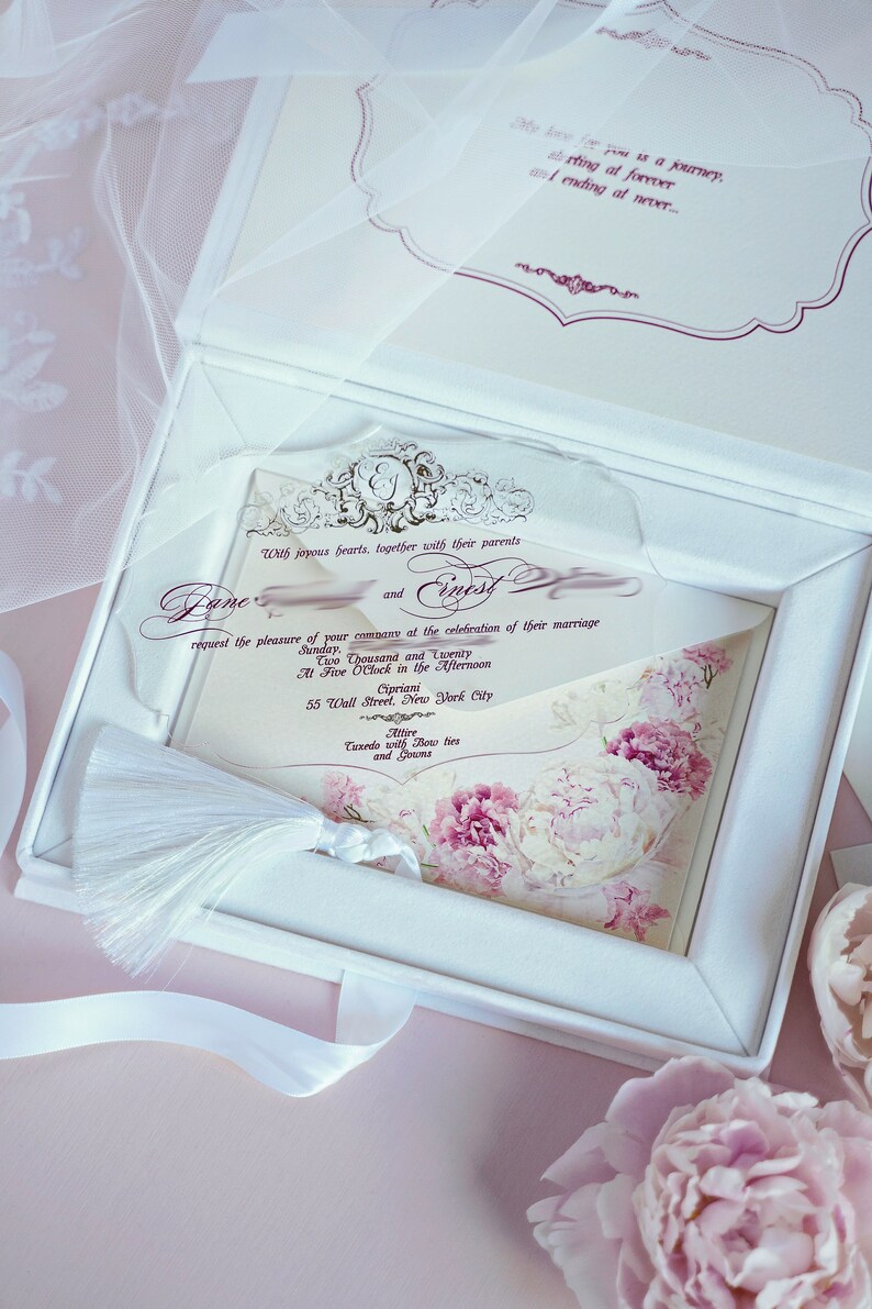 White Velvet Wedding Invitation Box – Custom Monogram, Acrylic ...