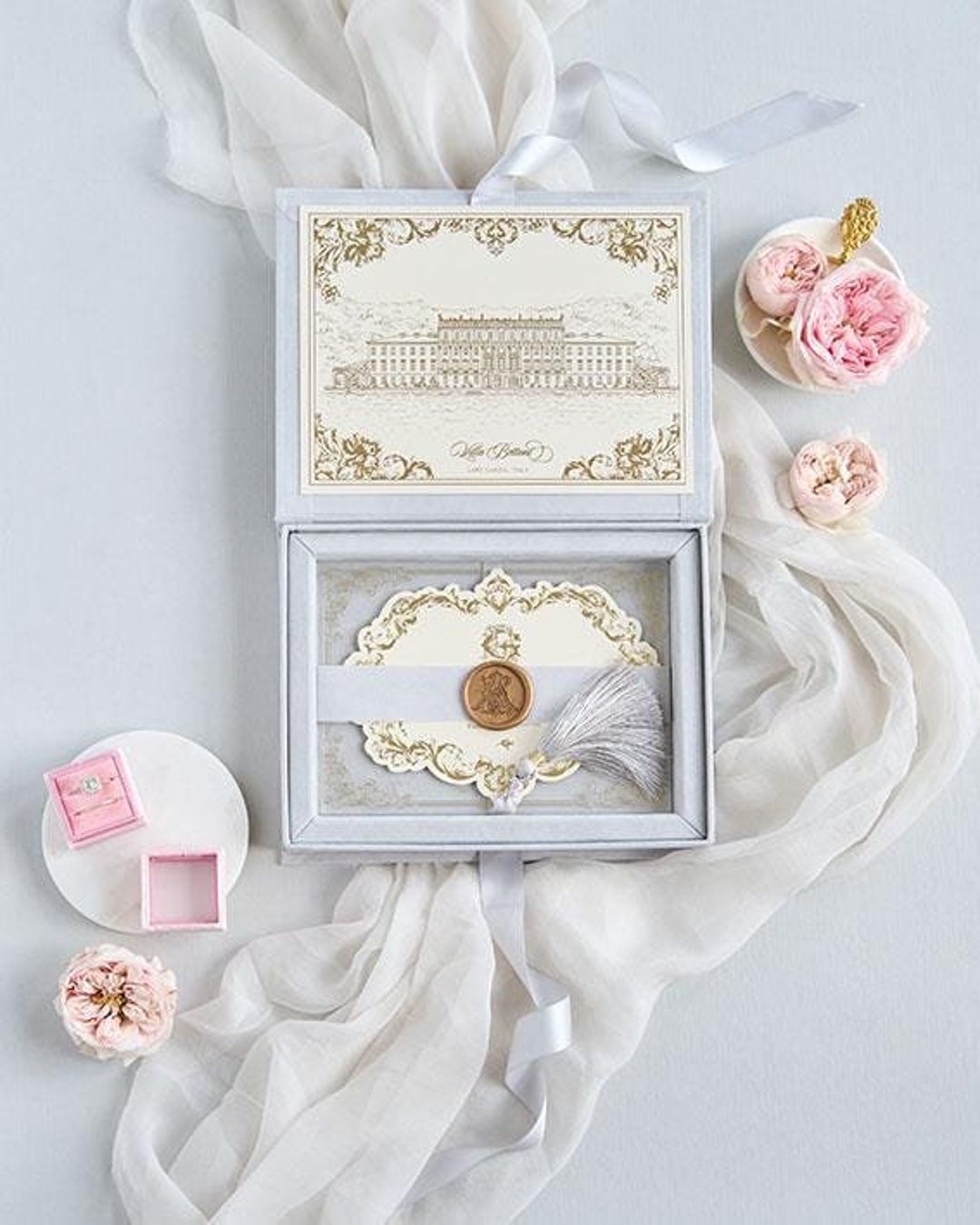 Luxury Invitation Box Destination Wedding Custom Venue Sketch Velvet ...