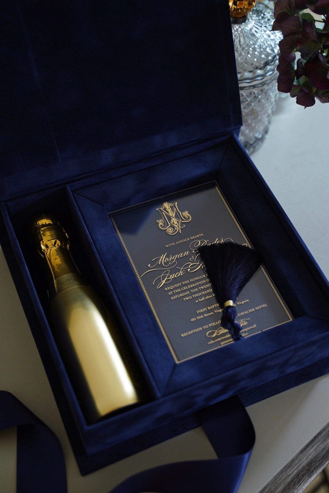 Navy Blue Velvet Wedding Invitation Box – Acrylic Card, Bridesmaid Gift ...