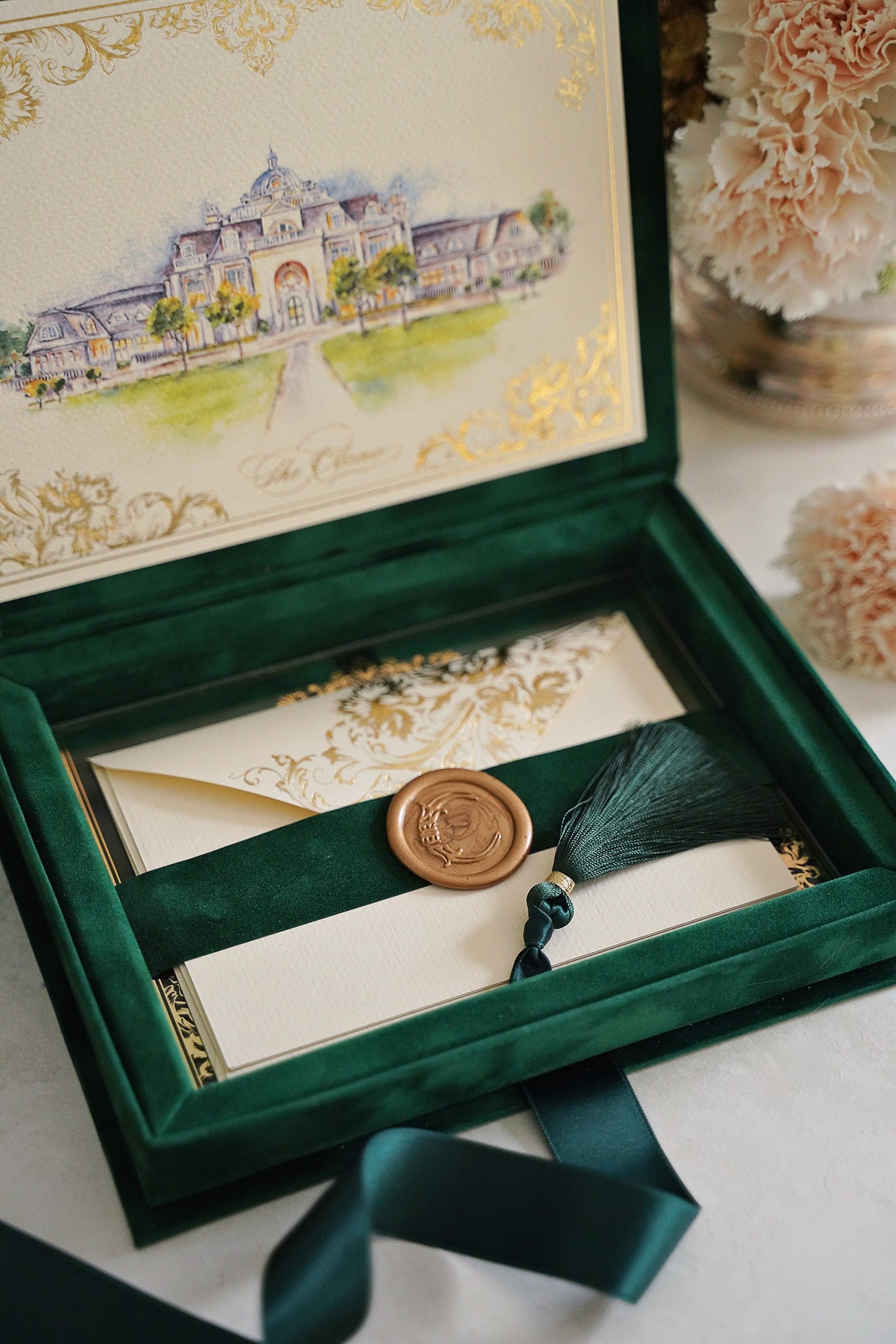 Emerald Green Velvet Wedding Invitation Box – Custom Monogram Acrylic ...