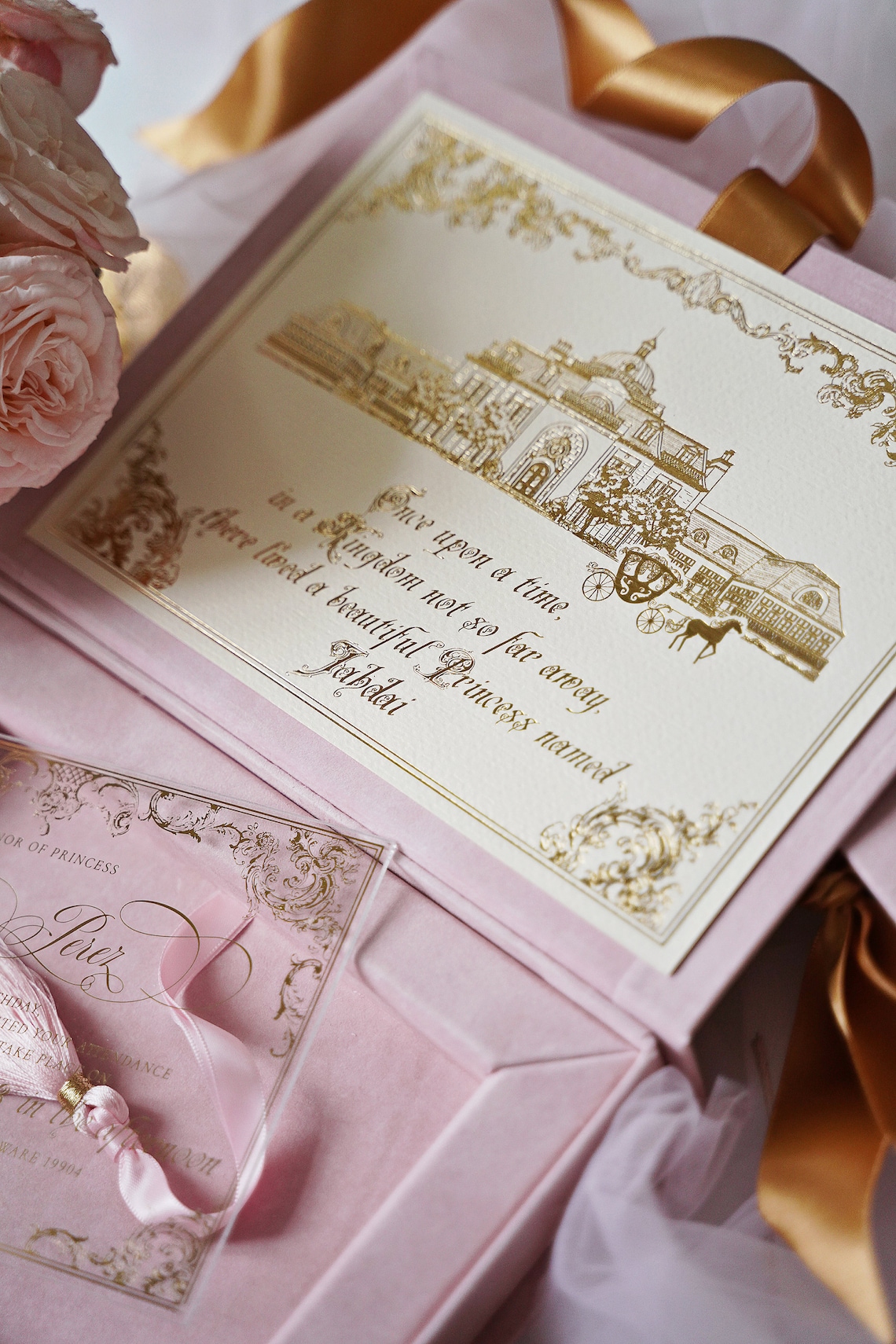 Quinceañera Invitation Box - Powder Pink Velvet - Acrylic Invitation in ...