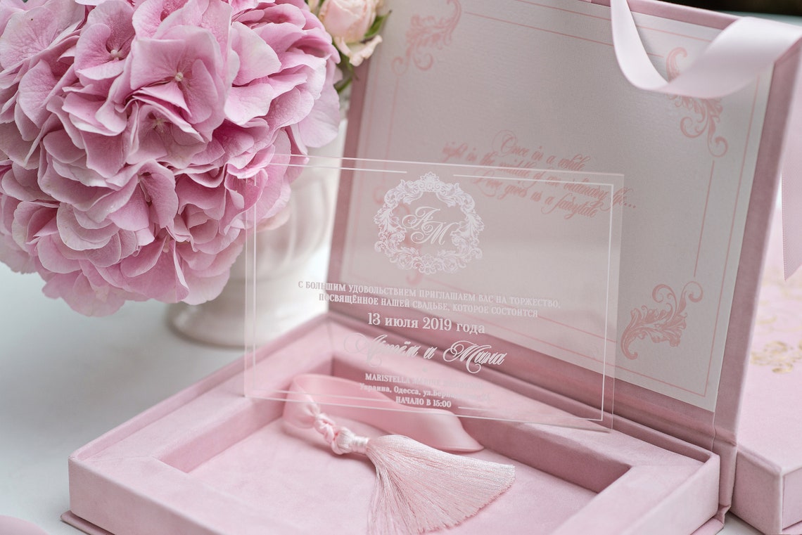 Wedding Invitation Box Powder Pink Velvet Acrylic | Etsy