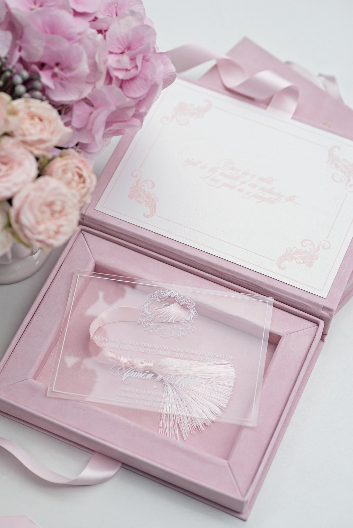 Wedding Invitation Box Powder Pink Velvet Acrylic | Etsy